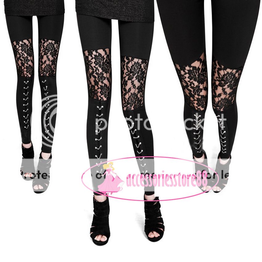Women Black Punk Cotton Chain Cross Tied String Lace Floral Leggings ...