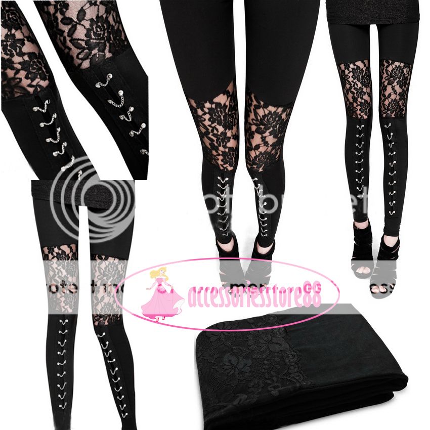 Women Black Punk Cotton Chain Cross Tied String Lace Floral Leggings ...